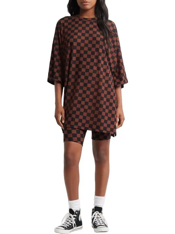 DRESSED IN LALA Malone Rib Oversized T-shirt & Biker Shorts Set - Black And Brown