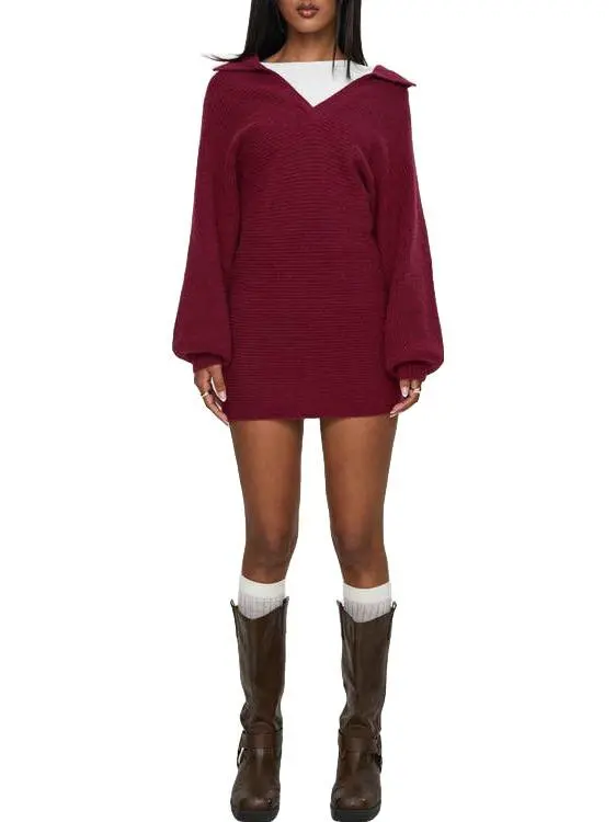 Princess Polly Oversized Long Sleeve Sweater Mini Dress - Burgundy