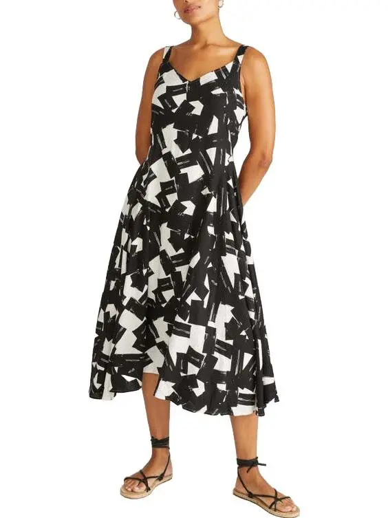 Universal Standard Sunshower Abstract Print Linen Blend Midi Dress - Ipanema Print In Black