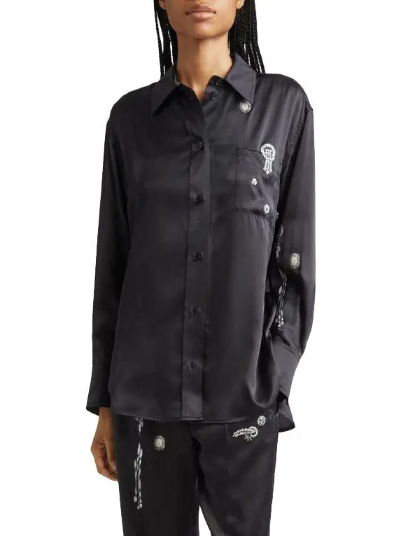 Victoria Beckham Crystal Print Silk Pajama Shirt - Black