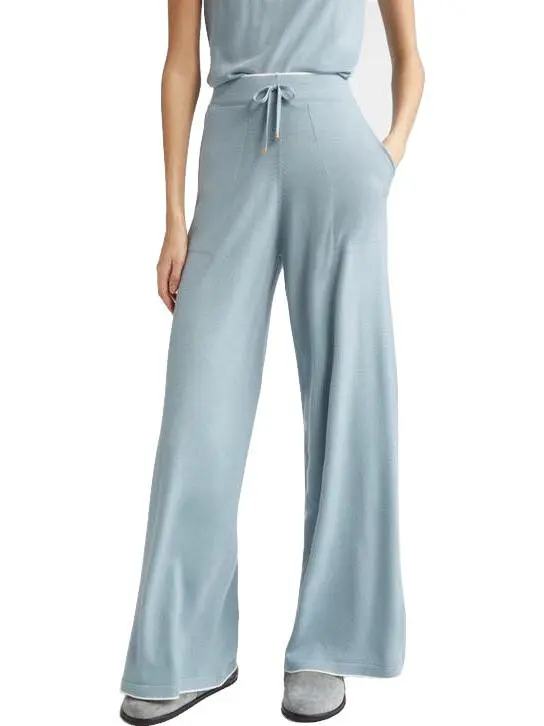 Eleventy Merino Wool Wide-leg Trousers - 172-01 Aqua And Whit