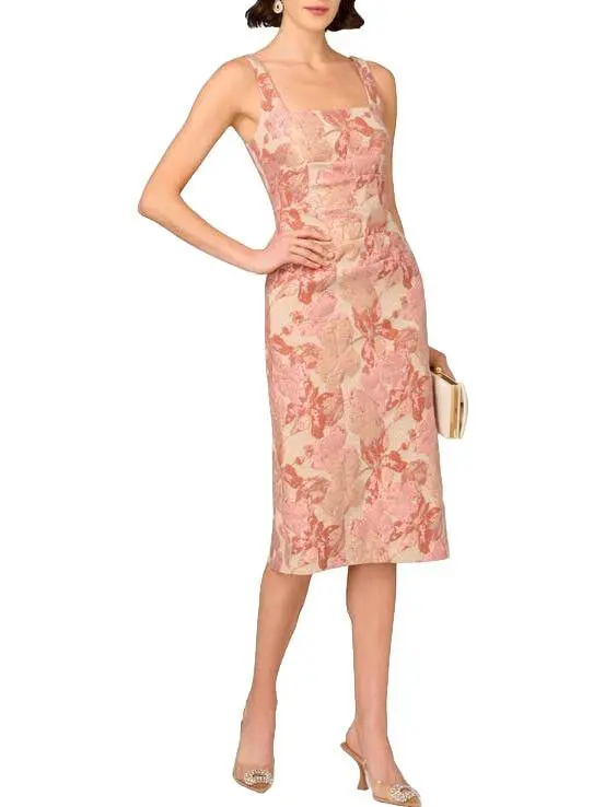 Adrianna Papell Stretch Jacquard Midi Cocktail Dress - Pink Multi