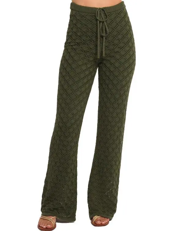 PETAL & PUP Textured Open Knit Cotton Drawstring Pants - Olive