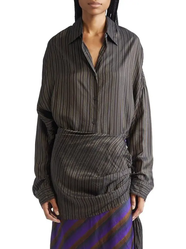 Dries Van Noten Casia Stripe Oversized Cupro Cocoon Shirt - Brown