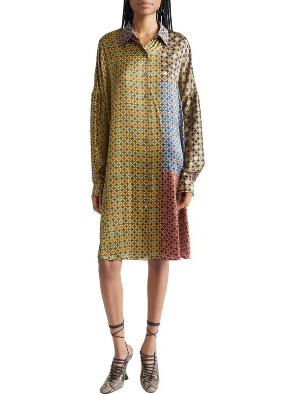 Dries Van Noten Dasia Tie Print Long-sleeve Silk Shirtdress - Dessin A