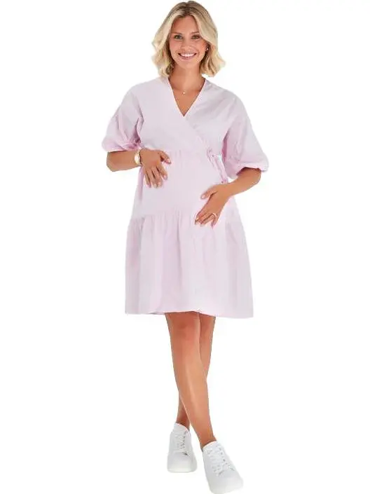 ACCOUCHEE Waterfall Tie Waist A-line Maternity/nursing Wrap Dress - Pink