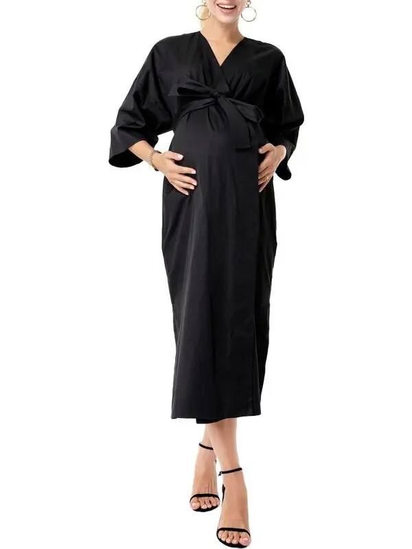 ACCOUCHEE Amaterasu Tie Belt Wrap Midi Dress - Black
