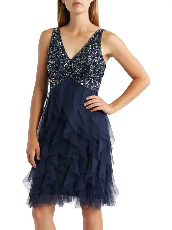 Pisarro Nights Beaded Ruffle Skirt Mini Dress - Navy
