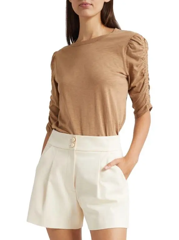 Veronica Beard Ruched Sleeve Cotton Slub Top - Hazelnut