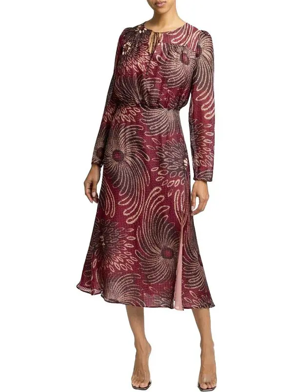 Santorelli Tessa Long Sleeve Midi Dress In Gingham Floral Silk Print - Cherry Cola