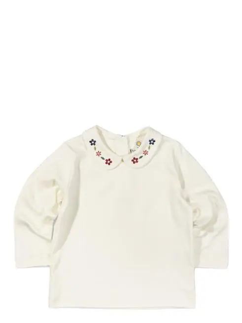 FLORENCE EISEMAN Knit Long Sleeve Blouse With Embroidered Flowers - Ivory