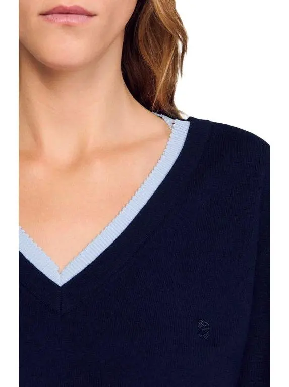 Sandro V-neck Wool And Cashmere Sweater - Navy Blue