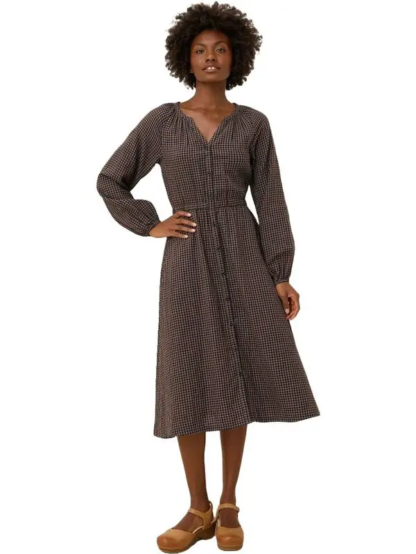 PACT Organic Cotton Coastal Double Gauze Poet Sleeve Dress - Autumn Gingham