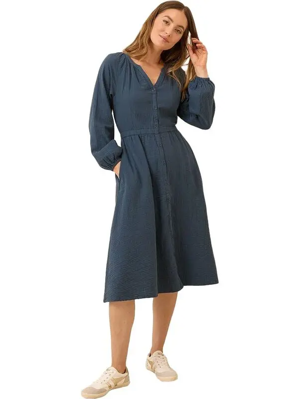 PACT Organic Cotton Coastal Double Gauze Poet Sleeve Dress - French Navy