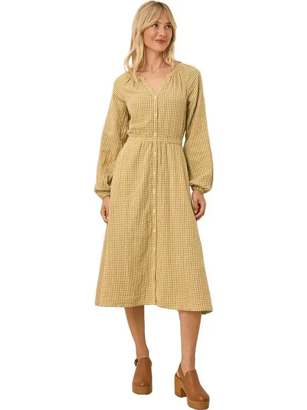 PACT Organic Cotton Coastal Double Gauze Poet Sleeve Dress - Gold Gingham