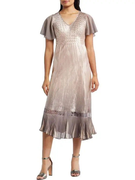 Komarov Tiered Charmeuse & Chiffon Cocktail Dress - Oyster Smoke Ombre