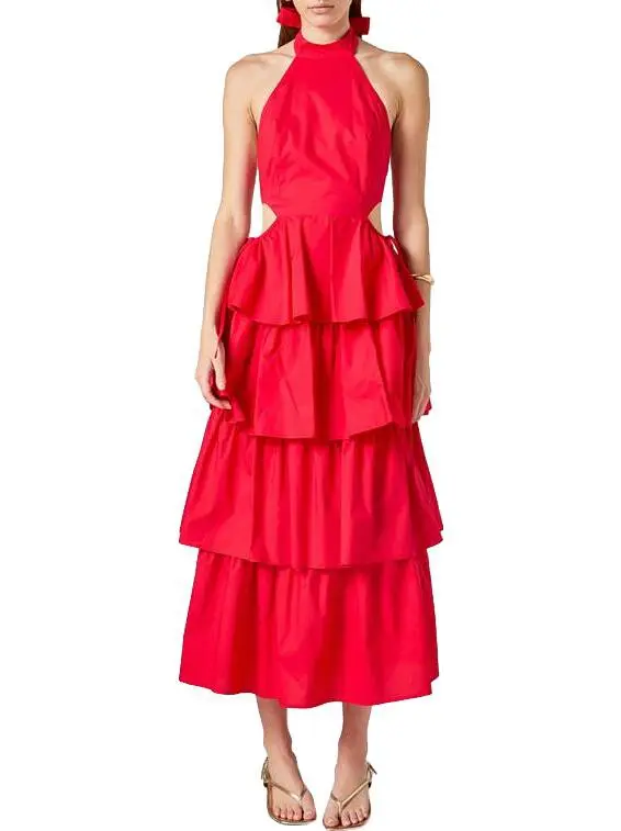 Endless Rose Tie Ruffle Halter Maxi Dress - Red