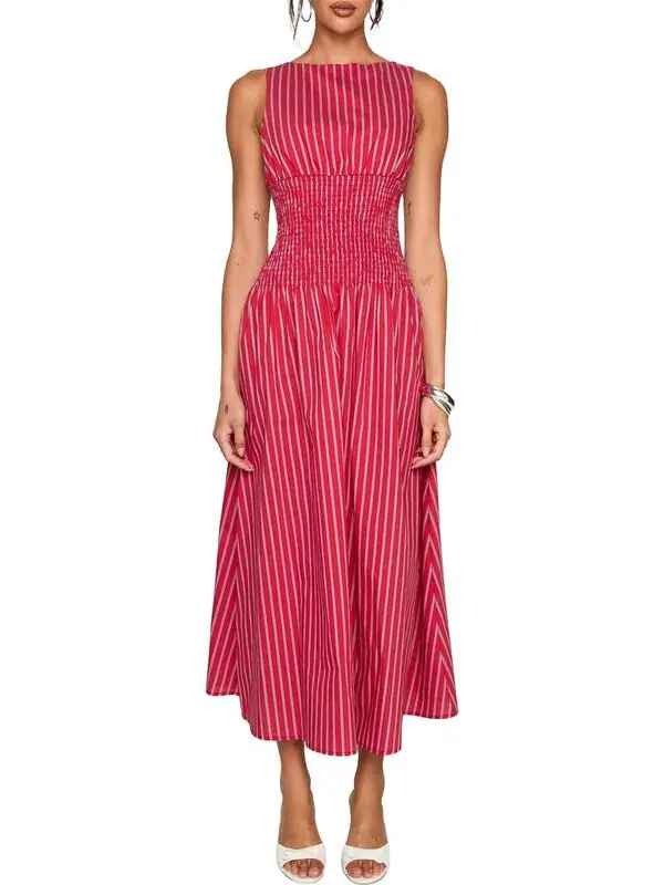 Princess Polly Lilienne Stripe Cotton Blend Poplin Dress - Red Stripe