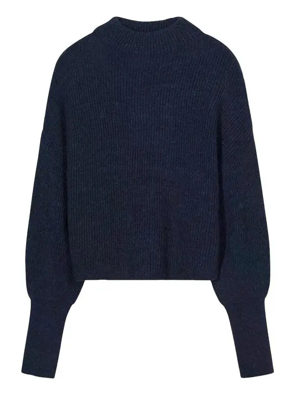 Closed Ribbed Knit Sweater With Cuffed Sleeves - Blue