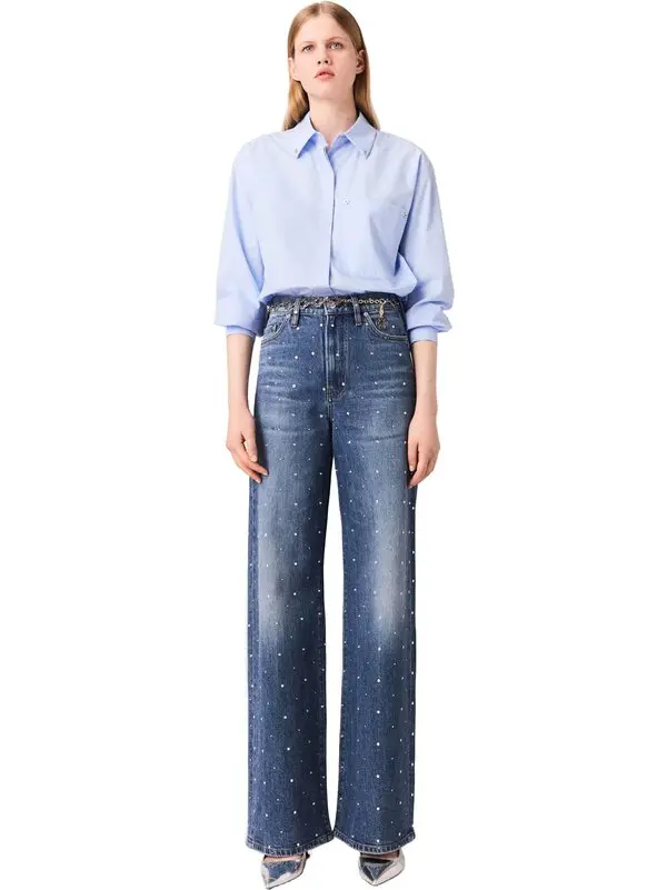 Maje Cotton Wide-leg Denim Jeans With Studs - Blue