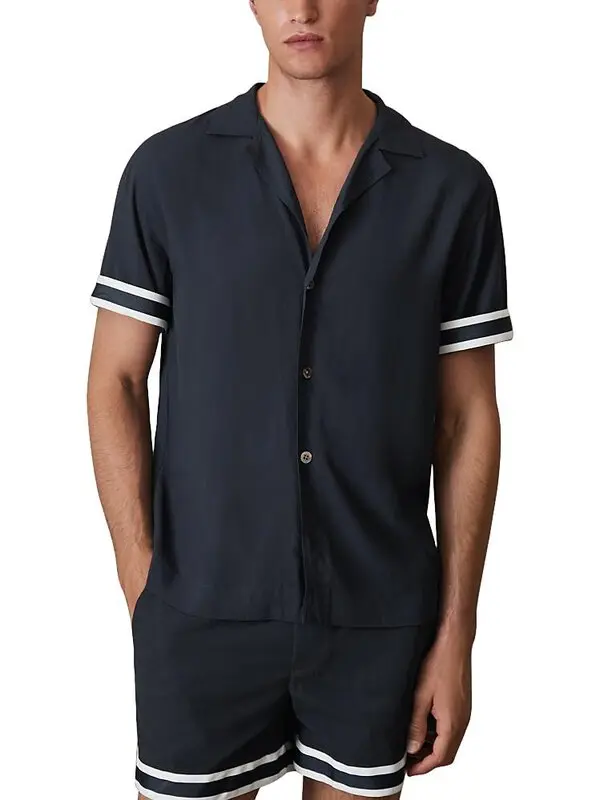 REISS Asher Striped Cuff Camp Shirt - Navy