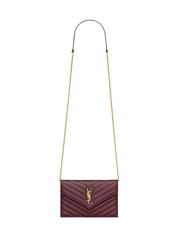 Saint Laurent Cassandre Envelope Chain Wallet - Rouge Cabernet Lambskin/gold