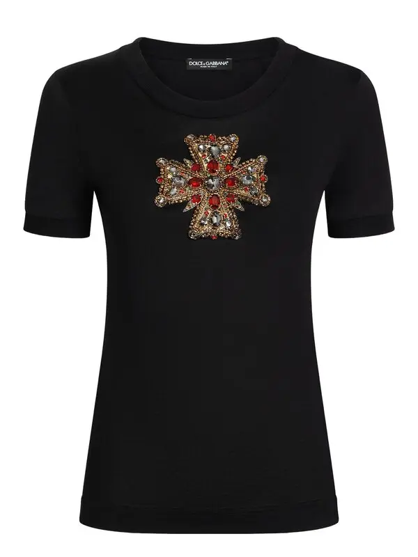Dolce & Gabbana Cotton T-shirt With Swarovski Cross - Black