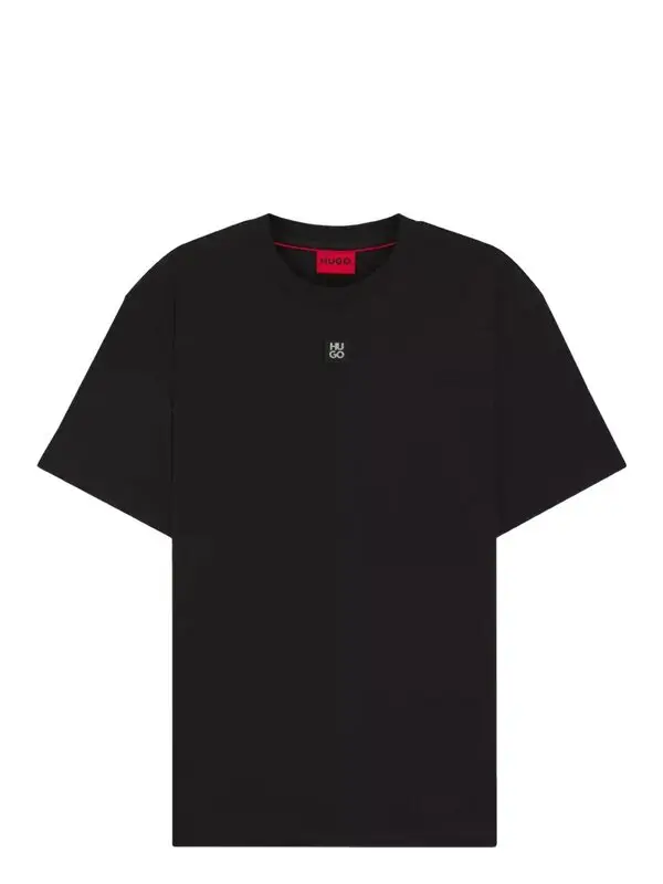 Hugo Interlock Cotton T-shirt With Metallic Stacked-logo Badge - Black