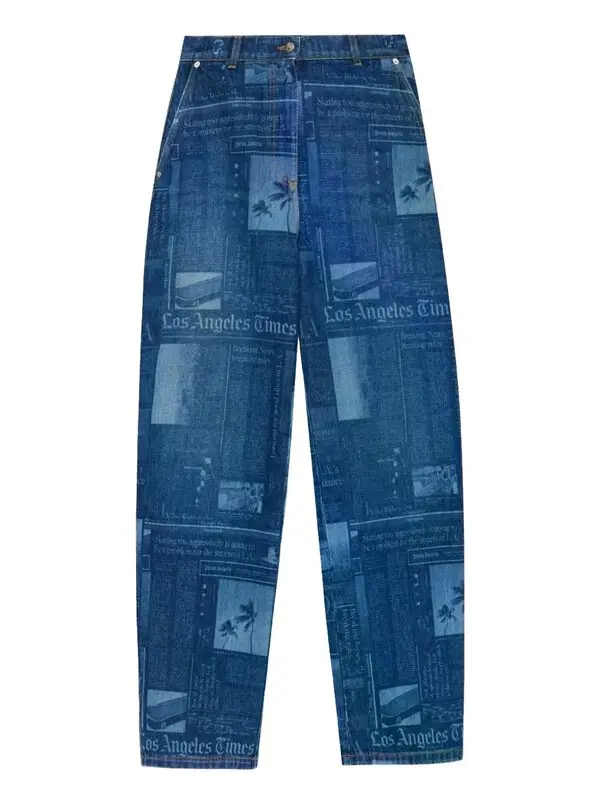 Palm Angels Newspaper Print Cotton Jeans - Blue