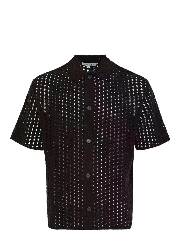 SOLID HOMME Crochet-knit Short-sleeve Shirt - Black