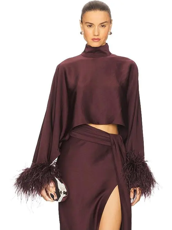 Lapointe Lightweight Satin Caftan Top With Feathers - Wine