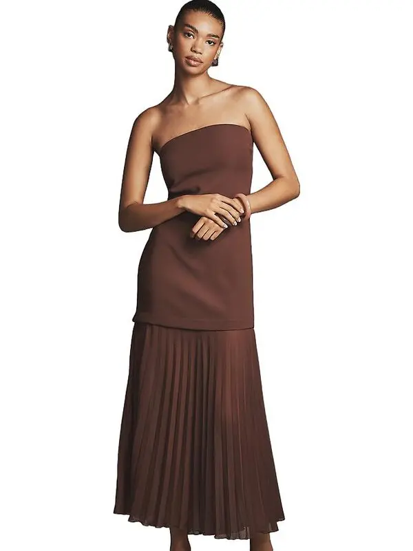Anthropologie Strapless Pleated Twofer Midi Dress - Brown