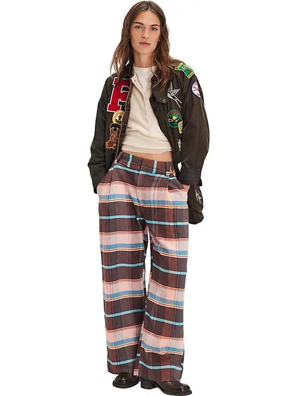 Free People Buckle Back Plaid Trousers - Brown Combo