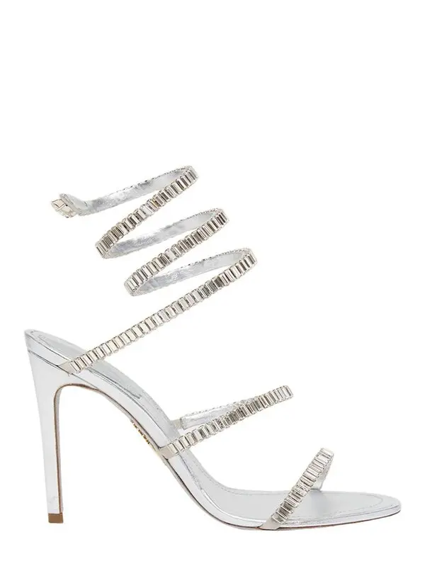 Rene Caovilla Metallic Leather Strass Snake Ankle Wrap Sandals - Silver