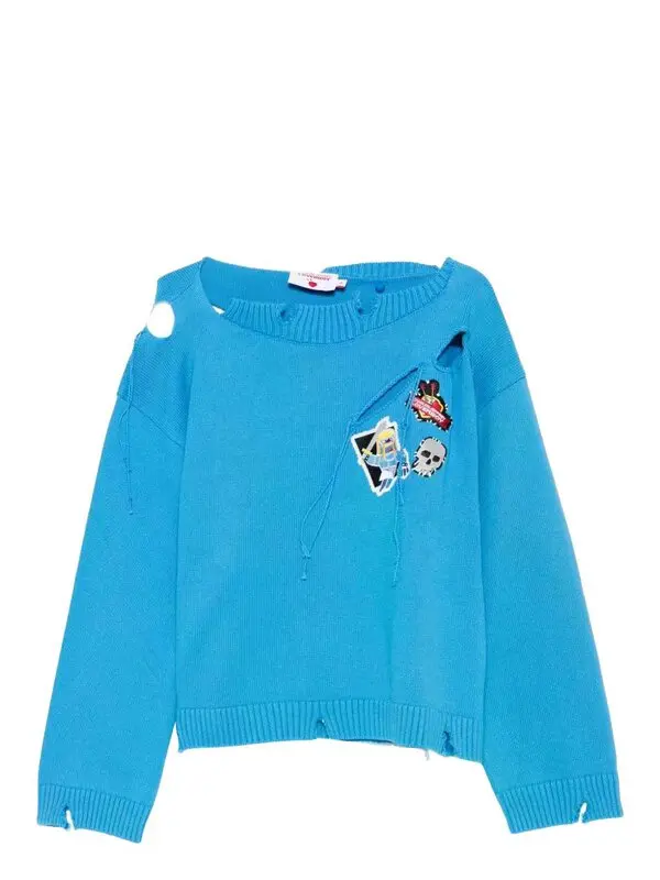 CHARLES JEFFREY Patch-detail Distressed Sweater - Blue