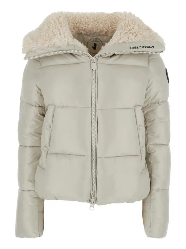 SAVE THE DUCK Down Jacket With Fur Collar And Logo - Beige