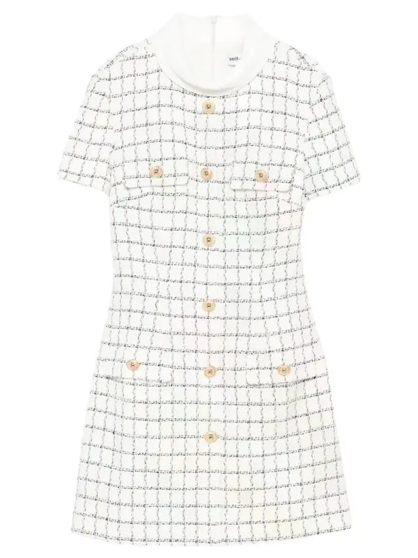 SELF-PORTRAIT Checked Mini Dress With Button Details - White