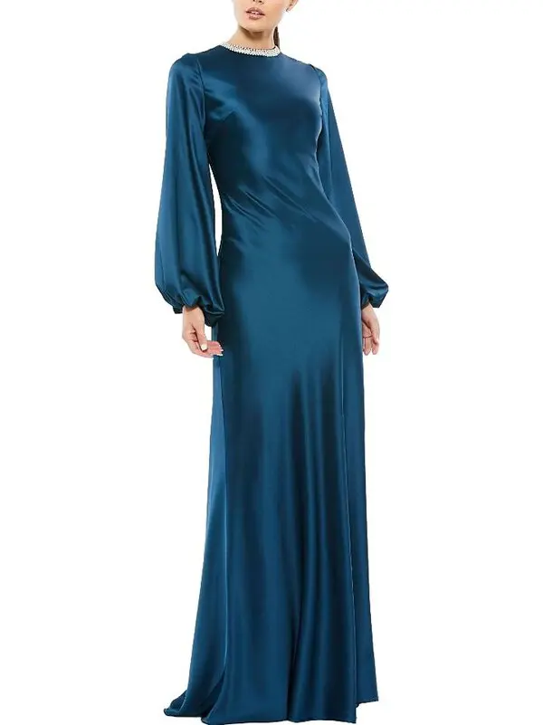 Mac Duggal Satin Long Blouson Sleeve Evening Gown - Sapphire