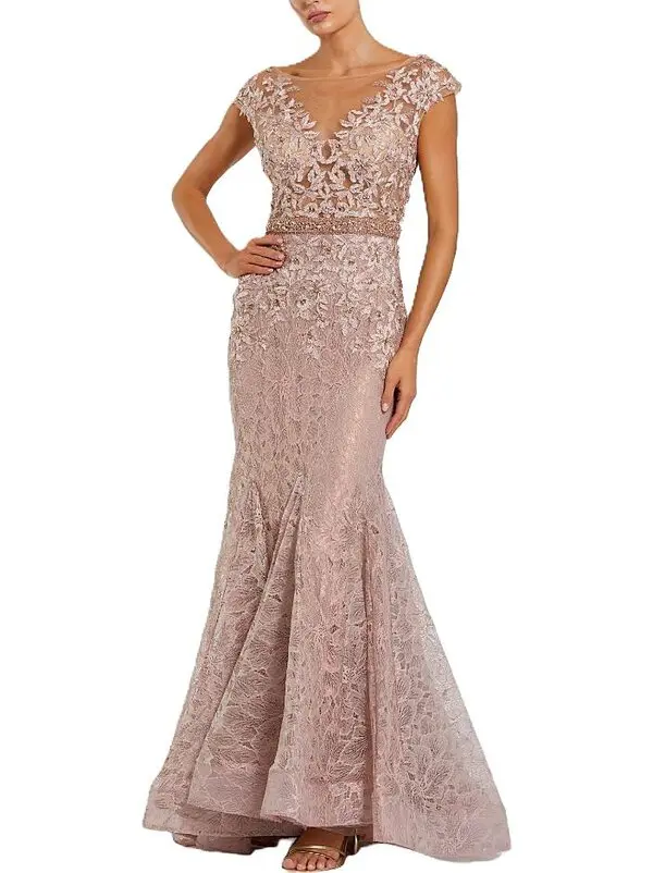 Mac Duggal High Neck Mermaid Gown With Shoulder Flower Detail - Mocha