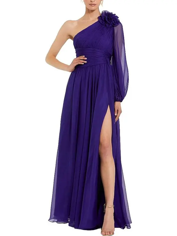 Mac Duggal One Sleeve Ruched Chiffon Gown With 3d Flower - Indigo