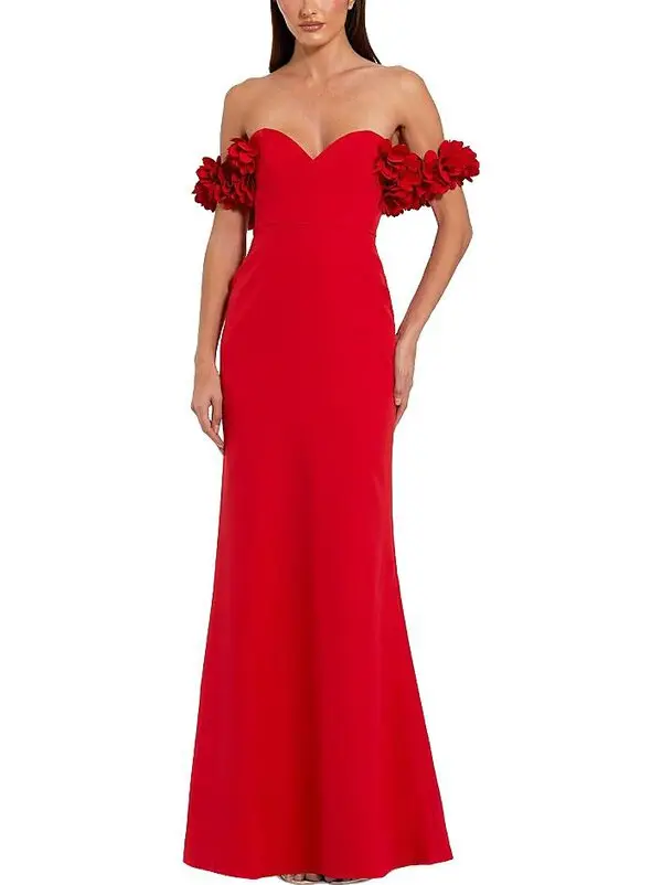 Mac Duggal Off-the-shoulder Crepe Gown With 3d Floral Appliqu - Red