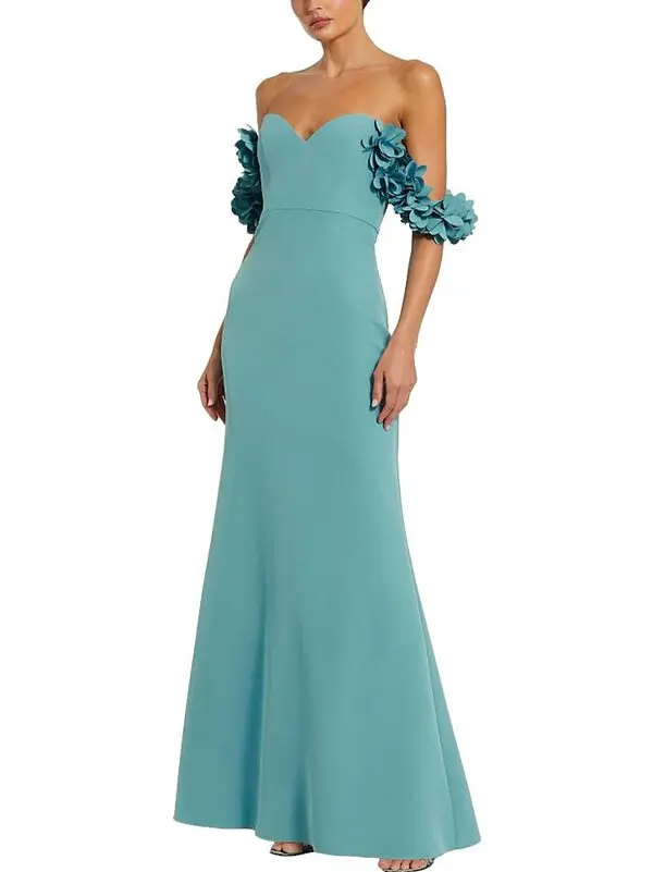 Mac Duggal Off-the-shoulder Crepe Gown With 3d Floral Appliqu - Teal
