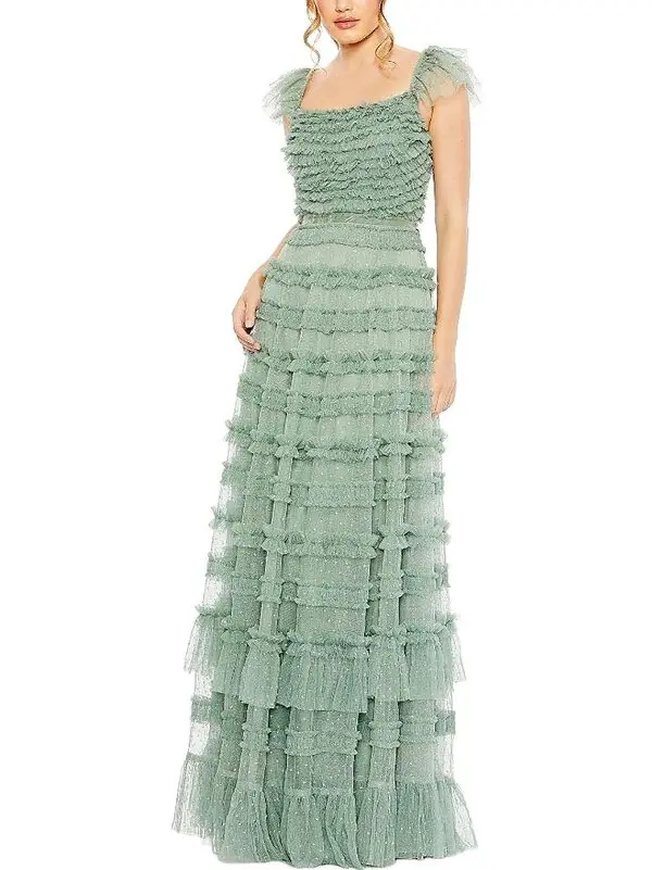 Mac Duggal Ruffle Cap-sleeve Embellished Tiered Gown - Jade
