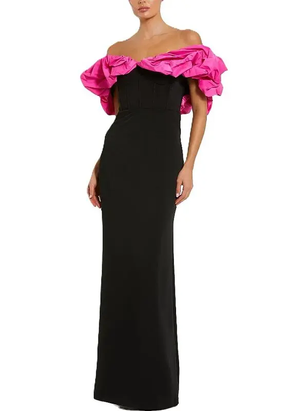 Mac Duggal Crepe & Faille Off-the-shoulder Gown - Black Hot Pink
