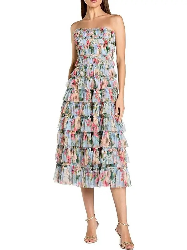 Mac Duggal Strapless Ruffle Mesh Midi Dress - Blue Multi