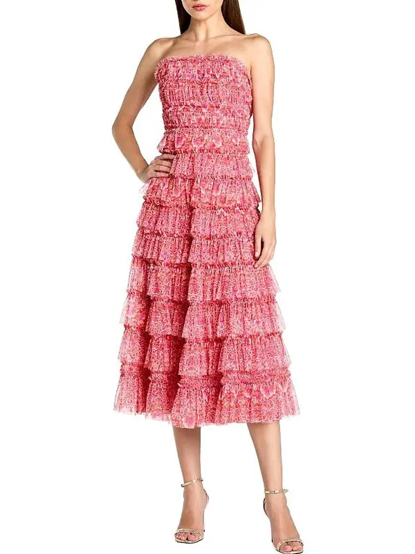 Mac Duggal Strapless Ruffle Mesh Midi Dress - Pink Multi