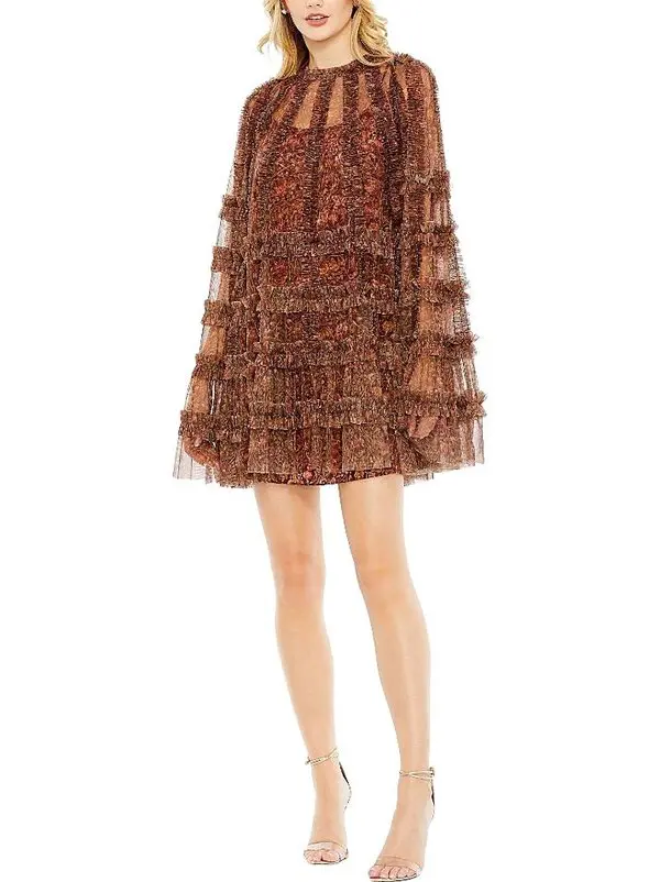 Mac Duggal Floral Print Long Flare Sleeve Mesh A-line Dress - Brown Multi