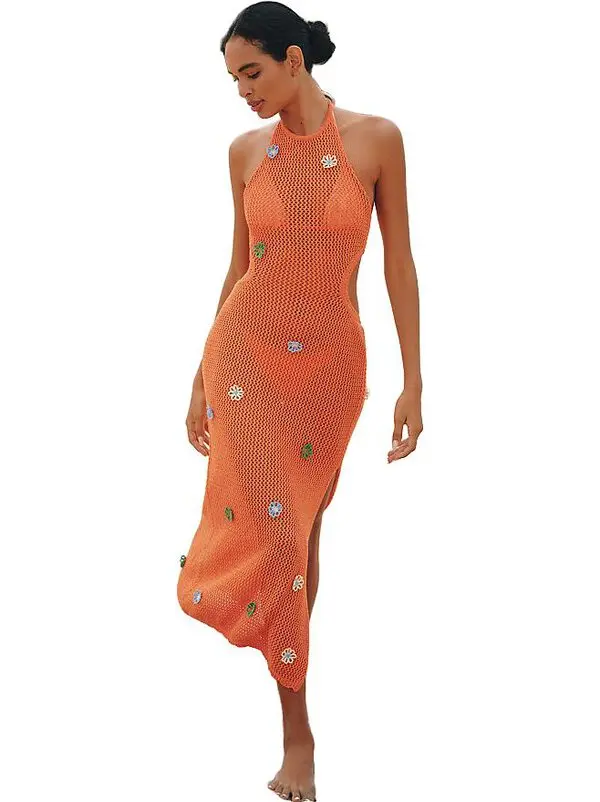 CELANDINE Crochet Halter Cover-up Dress - Orange
