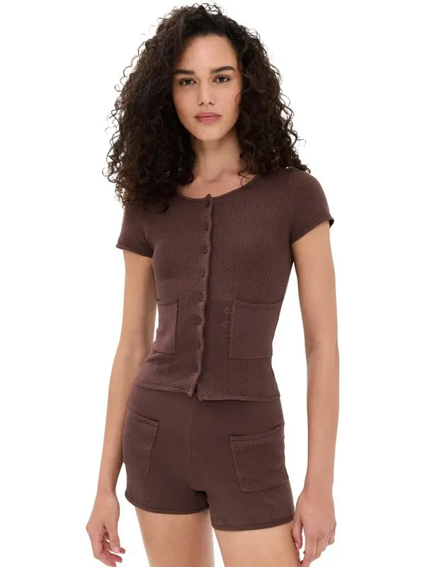 PEACHY DEN Marie Knit Polo Top - Chocolate
