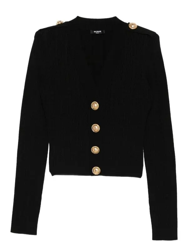 Balmain V-neck Ribbed Cardigan - Black